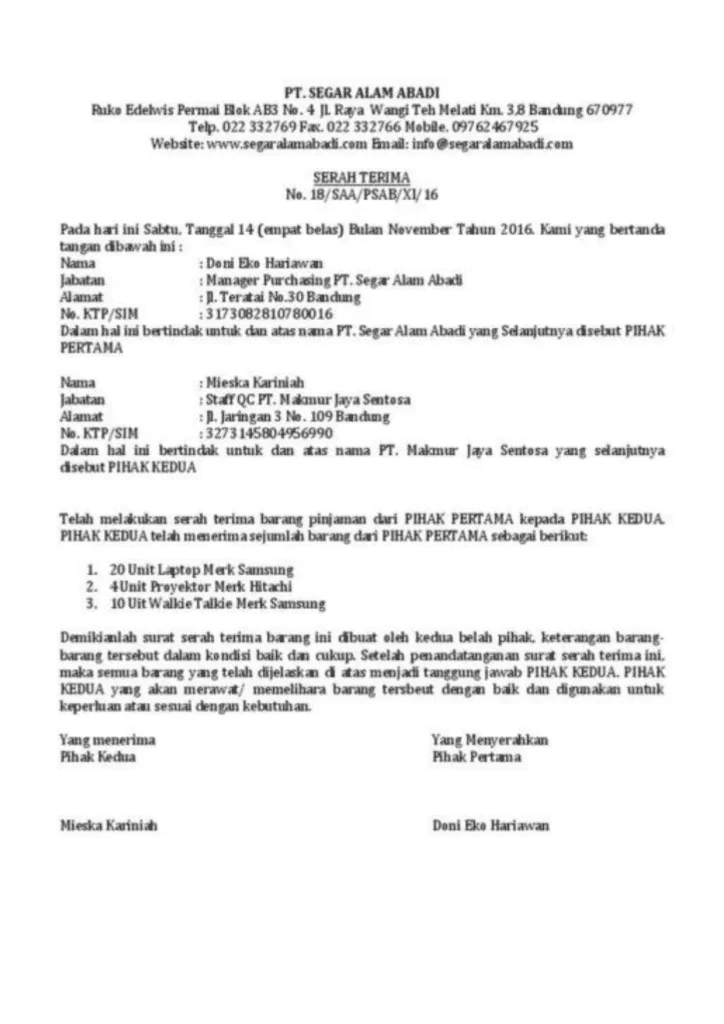 Contoh Surat Serah Terima Barang Inventaris perusahaan