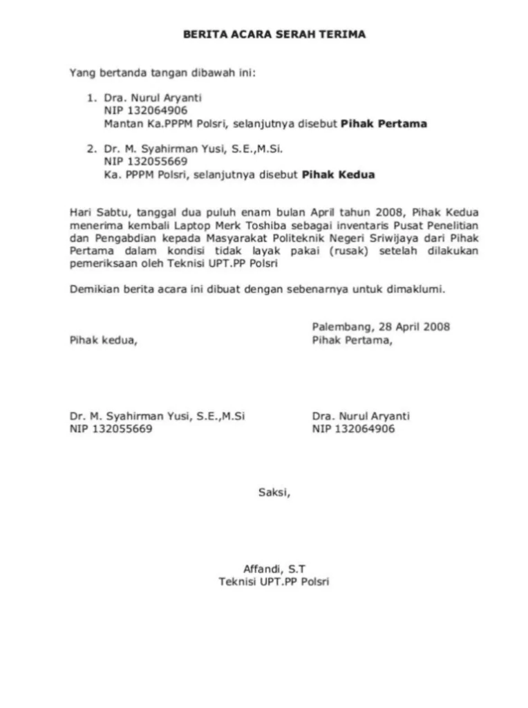 Contoh Surat Serah Terima Barang Inventaris perusahaan